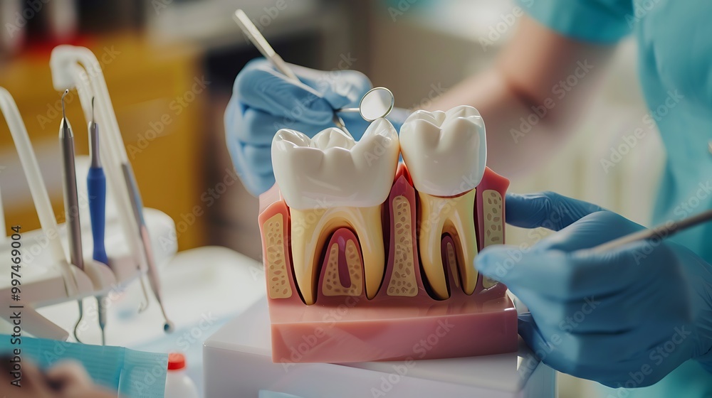 Dentist explaining root canal process using detailed dental models and ...