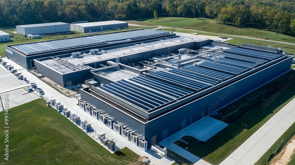 Aerial view of a large-scale data center powered by sustainable energy ...