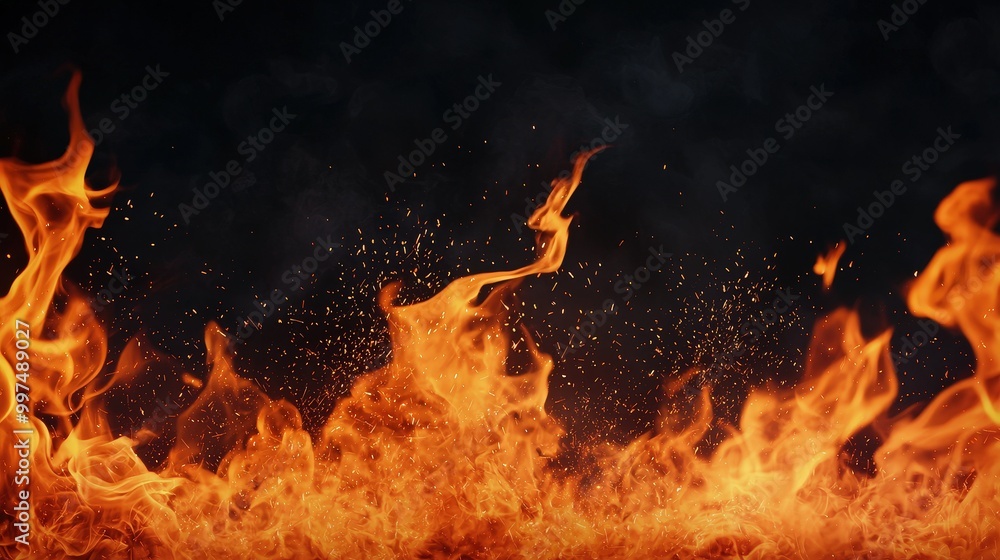 Realistic Fire Flames and Sparks on Black Background for Overlay Stock ...