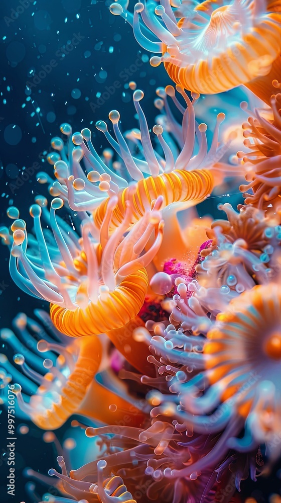 A vibrant cluster of sea anemones with neon colors sways in the coral ...