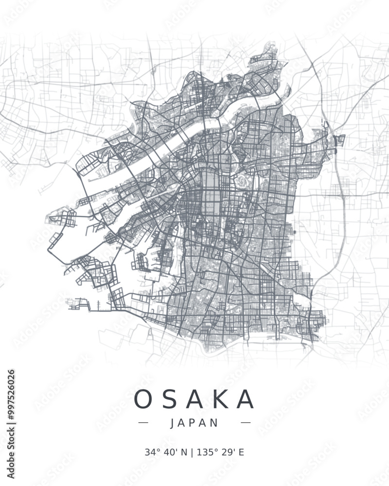 Osaka minimalist map with highways and streets. Printable Japan map for ...