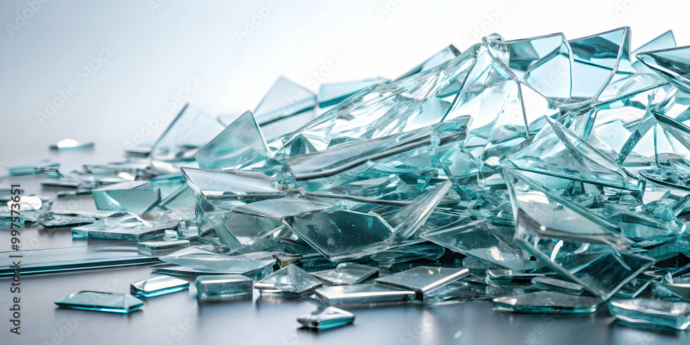 Shattered glass pieces on a plain white background, creating a texture ...