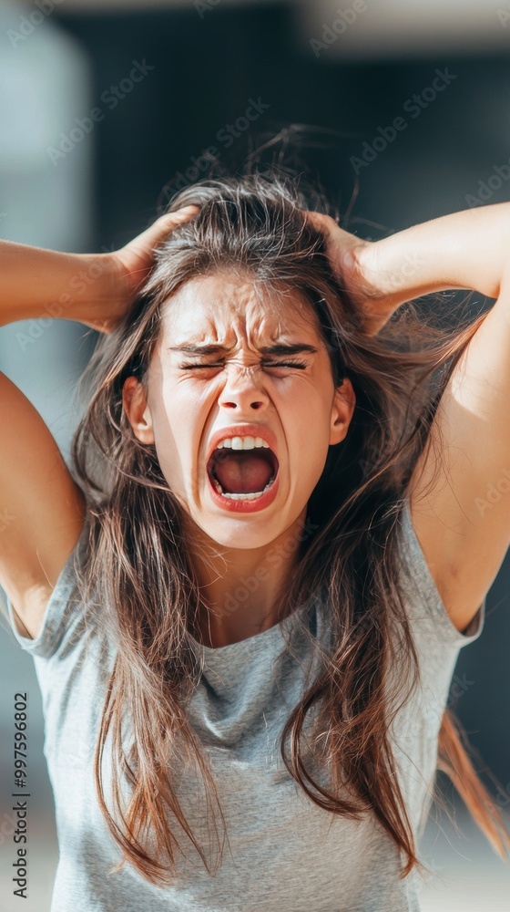 Person expressing rage and frustration hands on head face in a scream ...