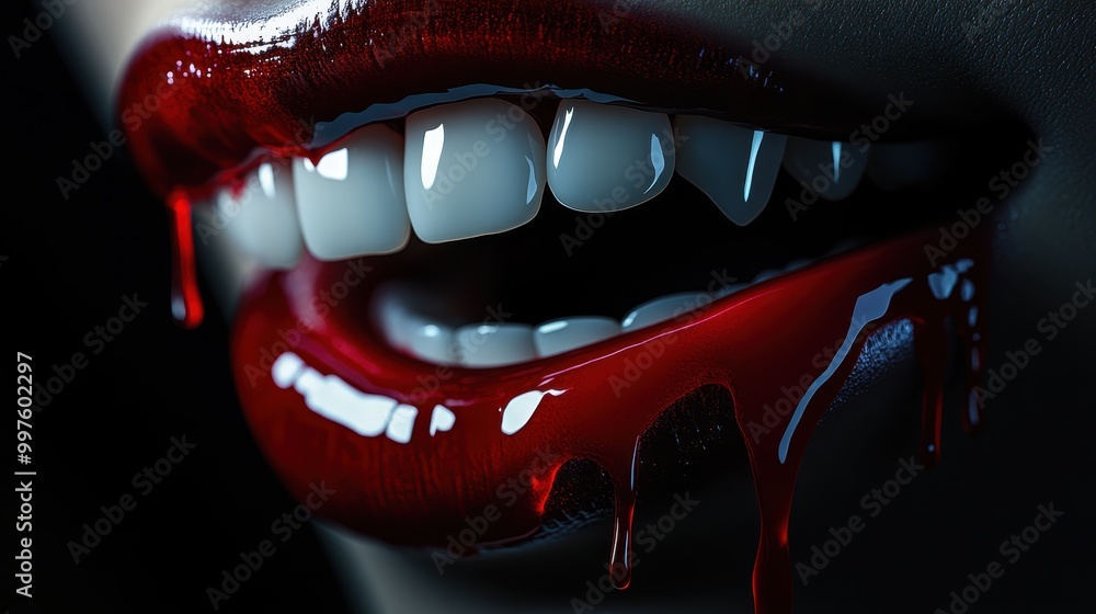 Sexy Vampire Woman lips with blood,Dripping blood on mouth, witches or ...