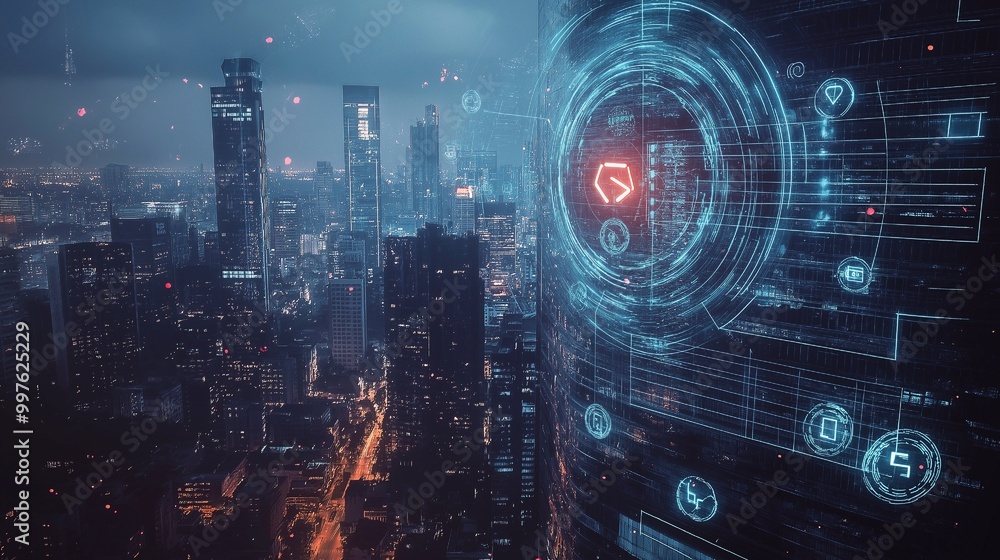 Bangkok skyscrapers with holograms and indicators of B2B icons Stock Illustration | Adobe Stock