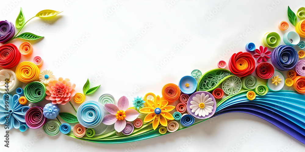 Quilled multicolored waves and flowers on white background, paper art ...