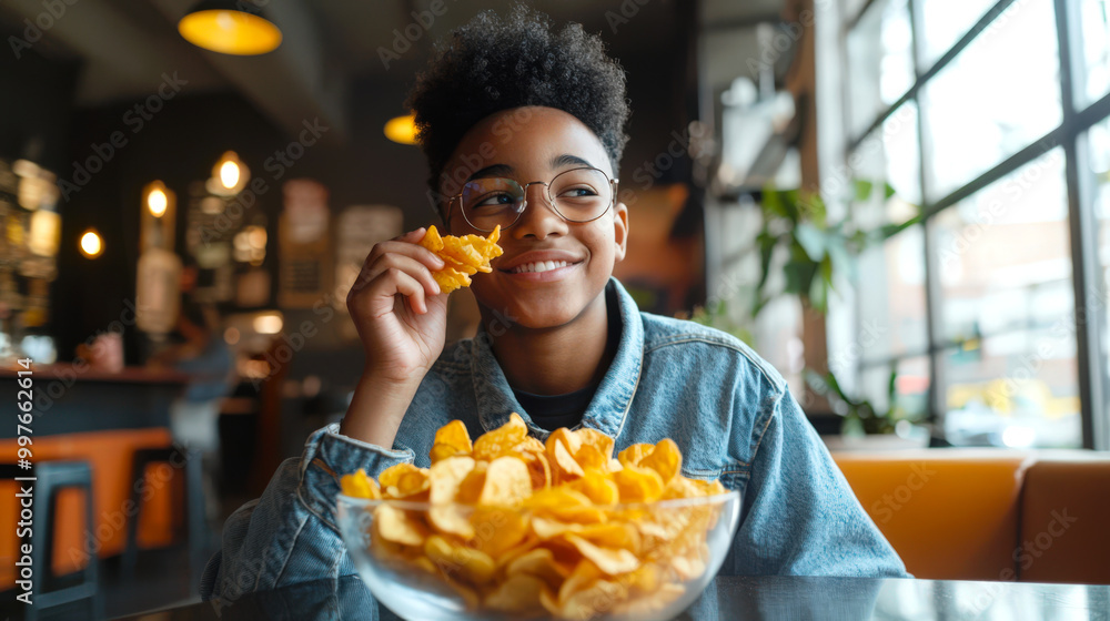 Cute black teen guy eating potato chips in a cafe. Fast food. An ...
