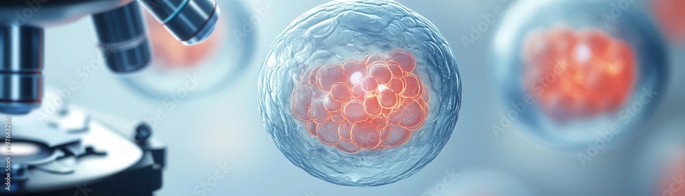 Close-up of the first few cells of an embryo under a microscope ...