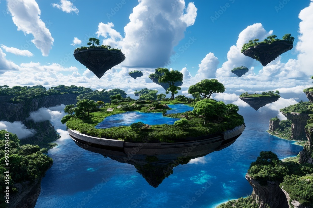 Magical VR landscape, where a user interacts with floating islands ...
