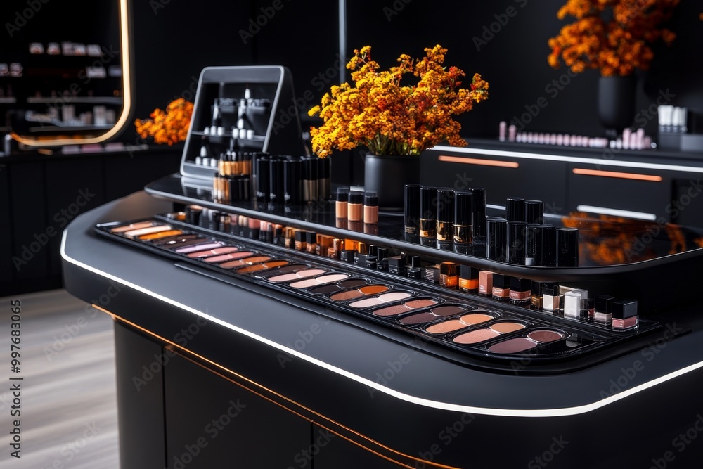 Minimalist cosmetic store layout, showing a sleek, organized ...