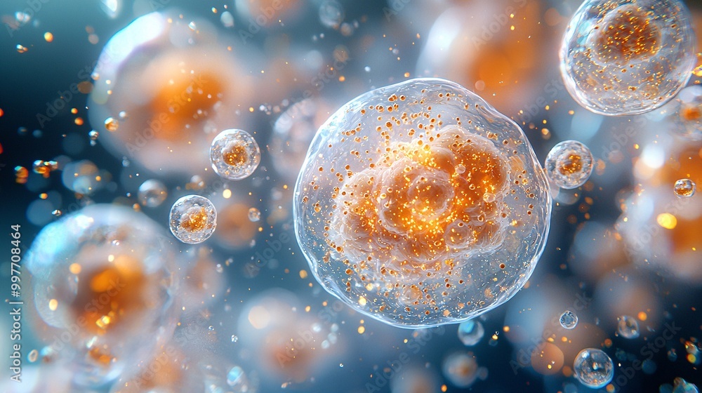 Layers of transparent skin cells with golden bubbles moving between ...
