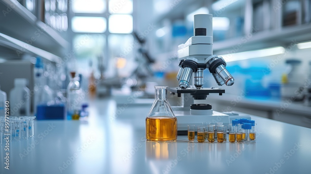 A modern flyer design featuring a blue health science laboratory ...