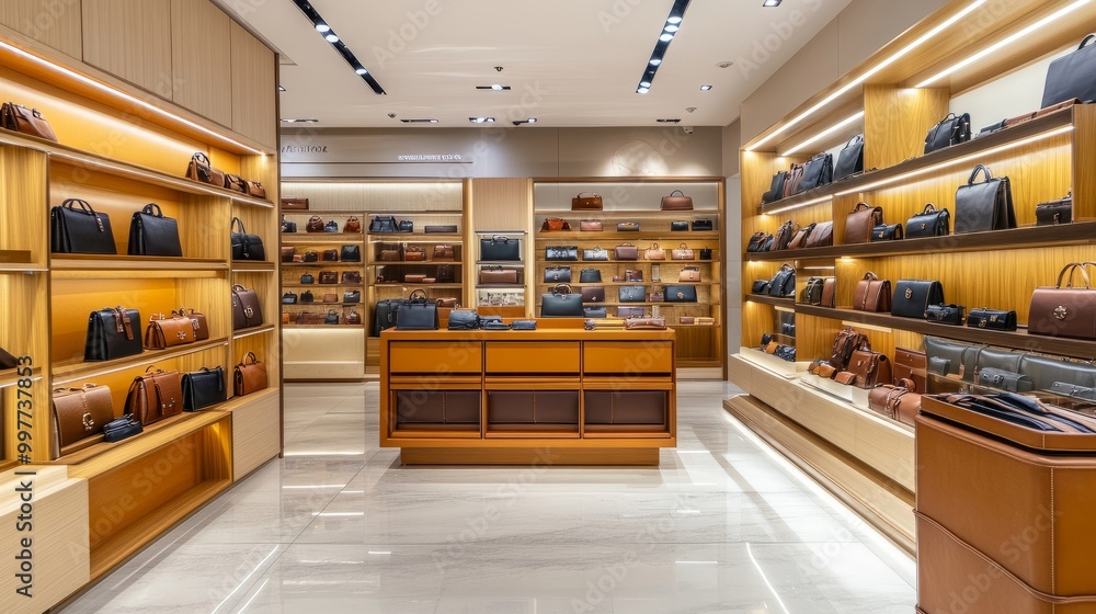Well-lit leather goods display in a modern retail store, featuring ...