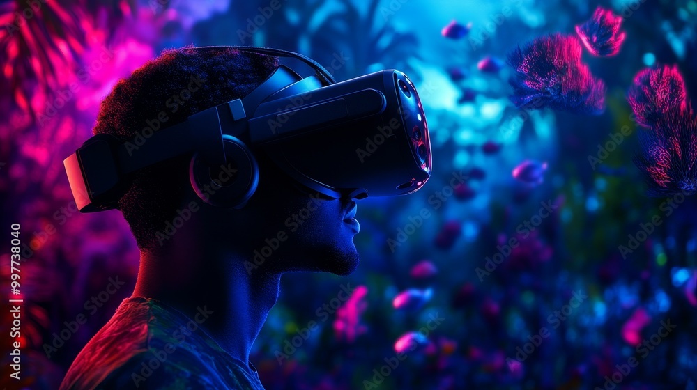 A young man wearing a VR headset experiences an immersive underwater ...