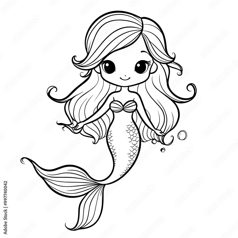 Cute kawaii mermaid coloring page for kids Stock Vector | Adobe Stock