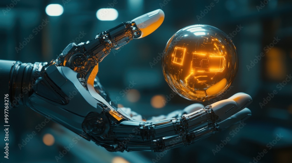 Robotic hands holding a spherical glowing object representing ...
