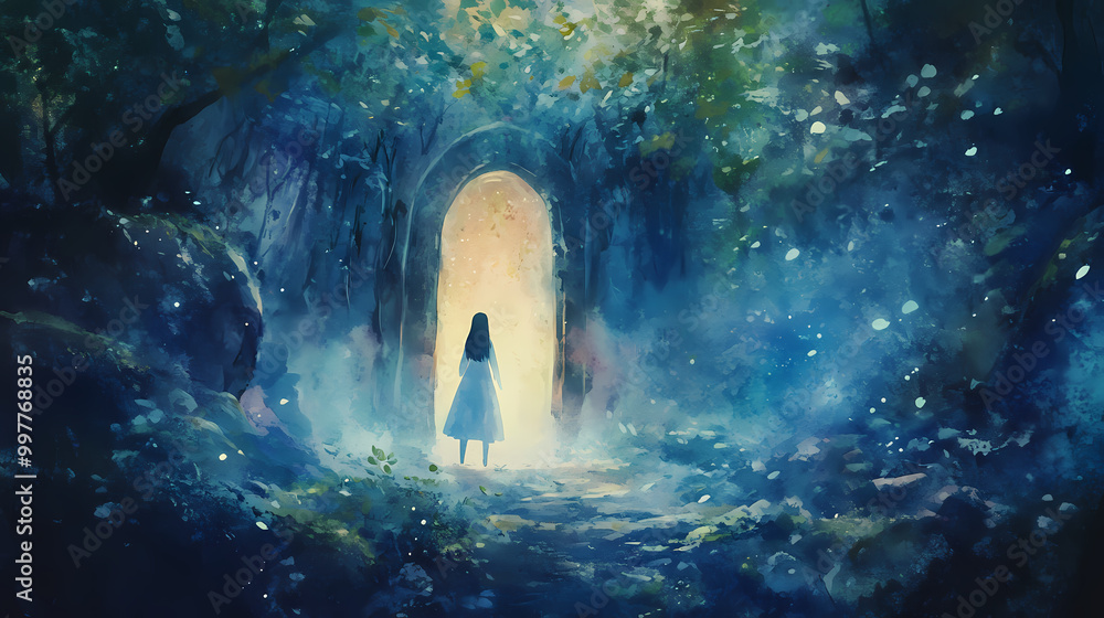 Mystical watercolor of a princess discovering a hidden magic portal in ...