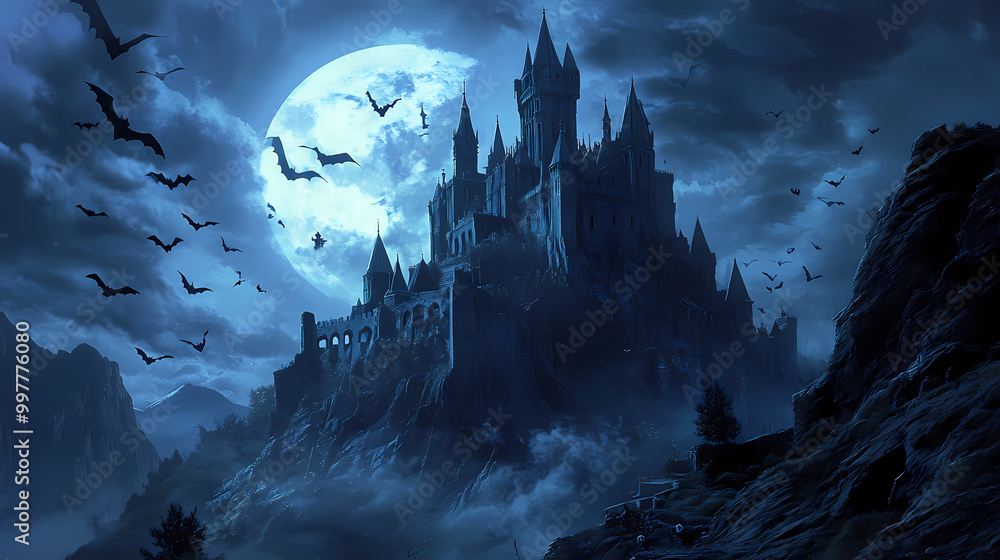 Spooky old medieval castle: ancient eerie castle on mountain, swarm of ...