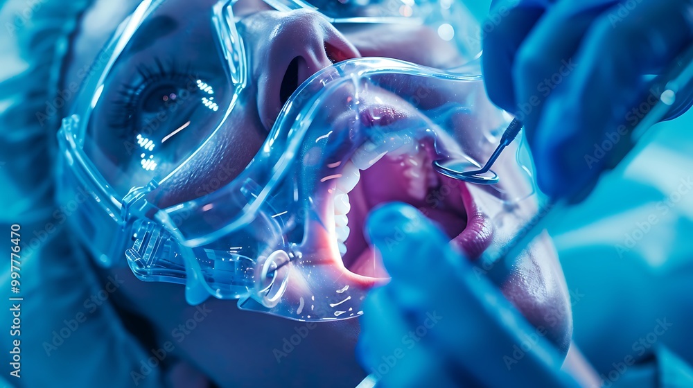 Dentist using dental dam during a detailed root canal providing a clear ...