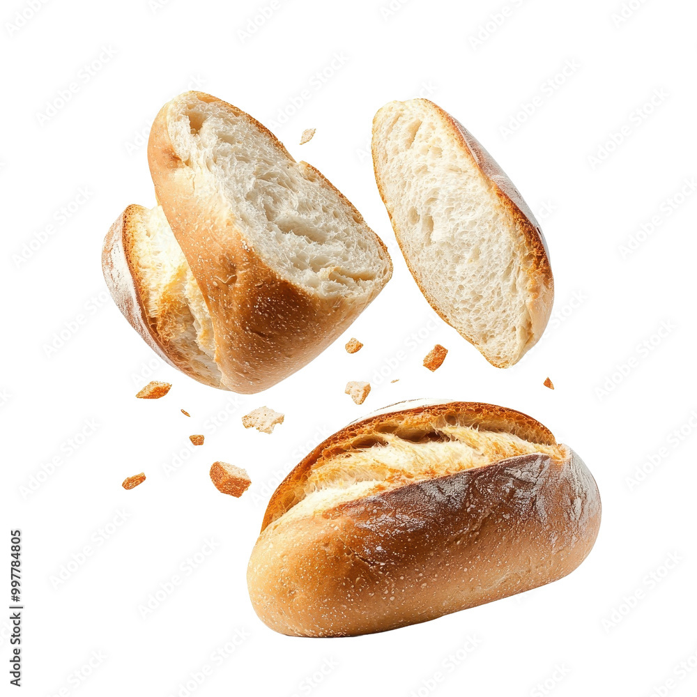 Bun bread flying through the air, isolated on a white background ...