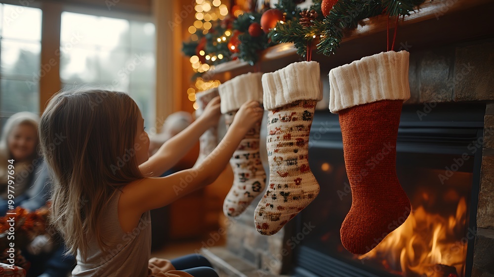 Children hanging stockings at their grandparents' house, with family ...