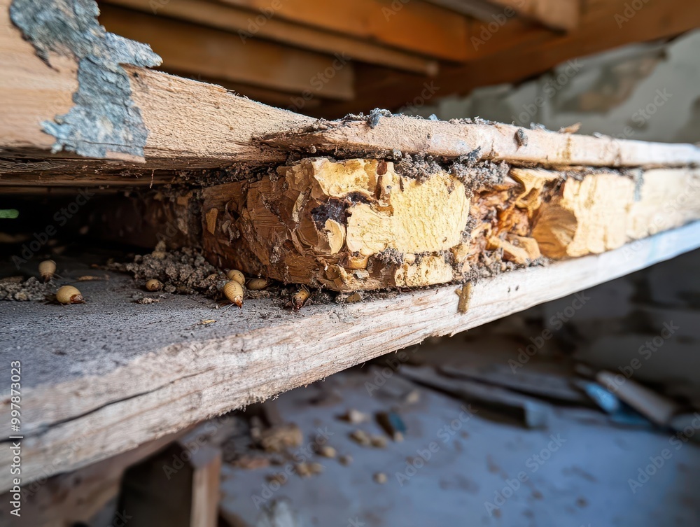 Destroyed wooden beams with visible termite activity, Termite ...
