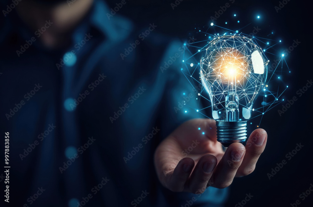 Businessman holding light bulb connected with network representing innovative idea Stock Photo ...