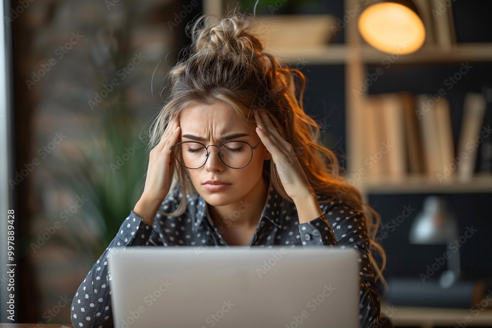 Fatigued executive woman experiencing intense headache and massaging ...