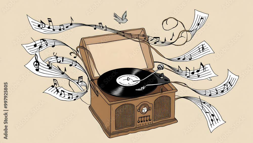 Illustration of a vintage record player with musical notes and sheets ...