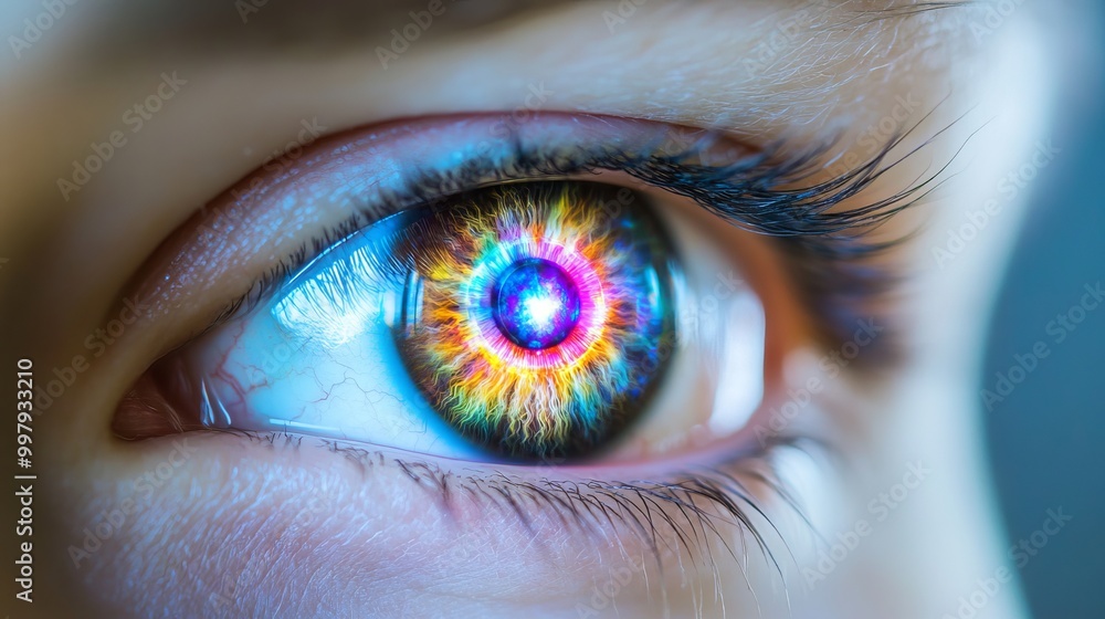 Vivid eye with a colorful vortex in the iris. This image represents artificial intelligence ...