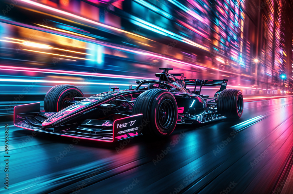 fast moving formula 1 car. F1 race car on road with fast bright colors ...