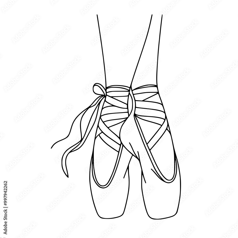 Line drawing of ballerina feet in pointe shoes standing in pose, single ...