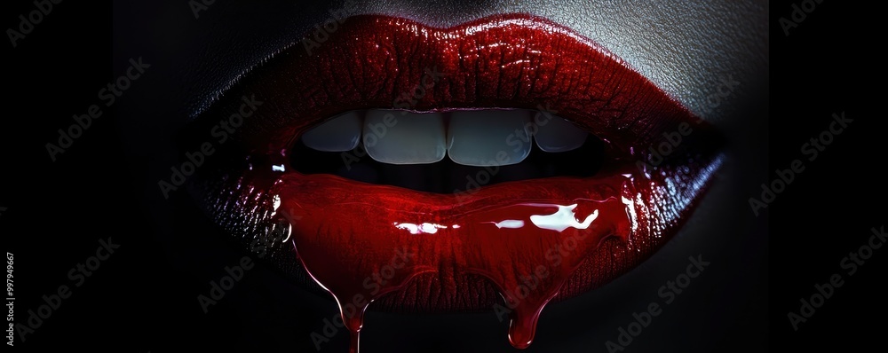 Sexy Vampire Woman lips with blood,Dripping blood on mouth, witches or ...