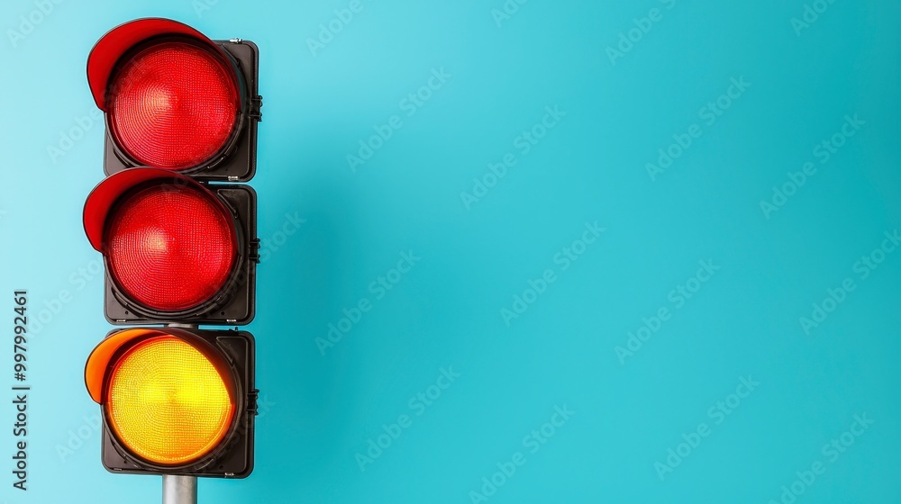 Traffic light signal with red and yellow lights against blue background ...