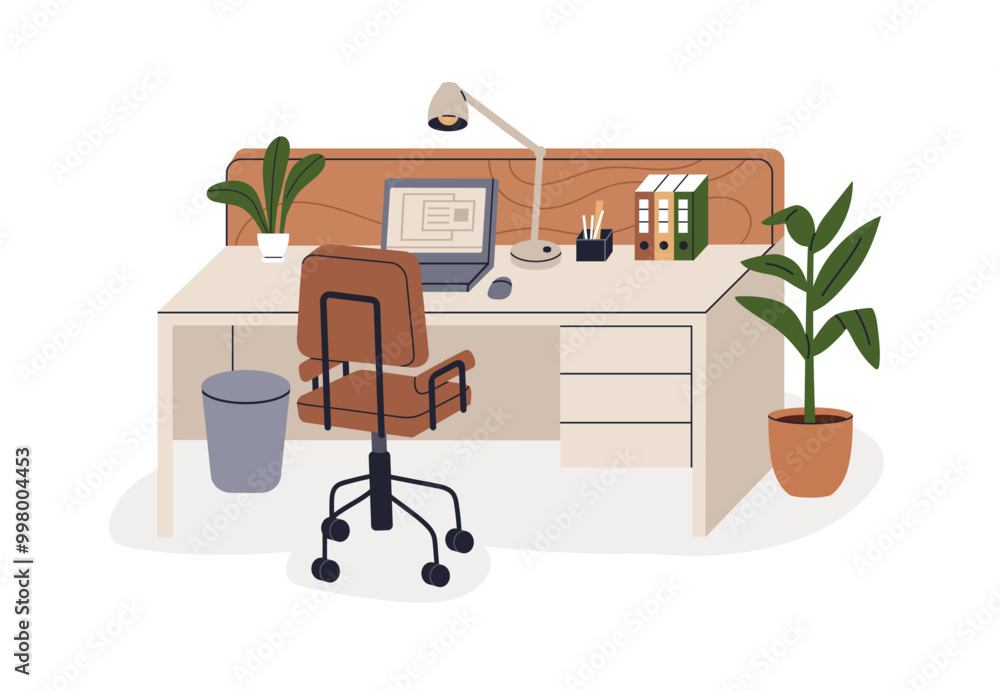 Empty workplace, office desk with laptop, table lamp, stationery and ...