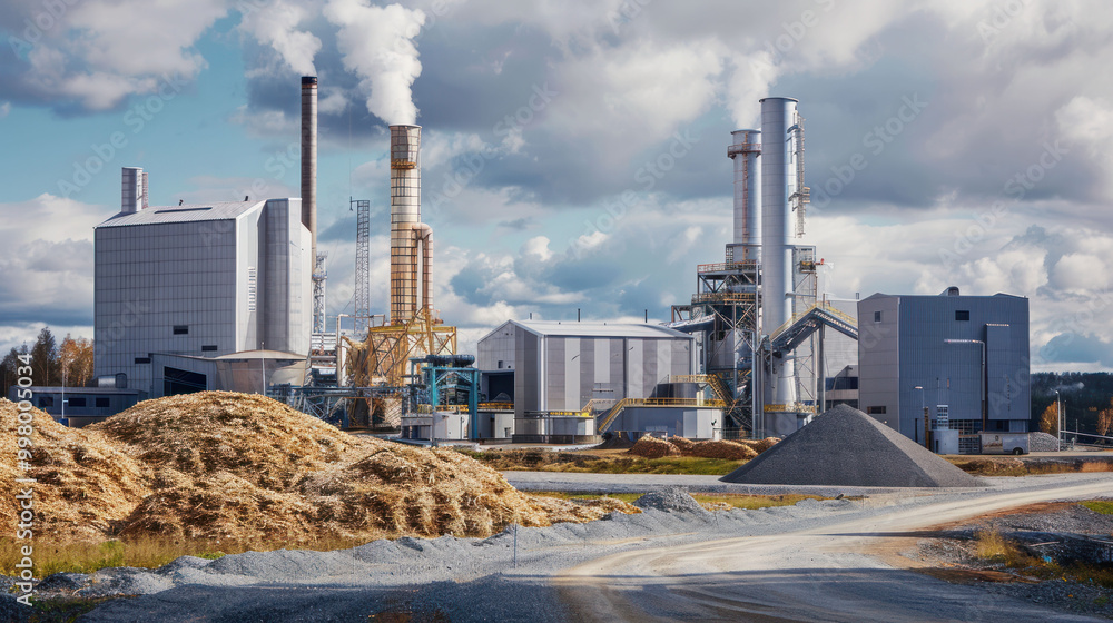 Industrial landscape featuring power plant with smokestacks, machinery ...
