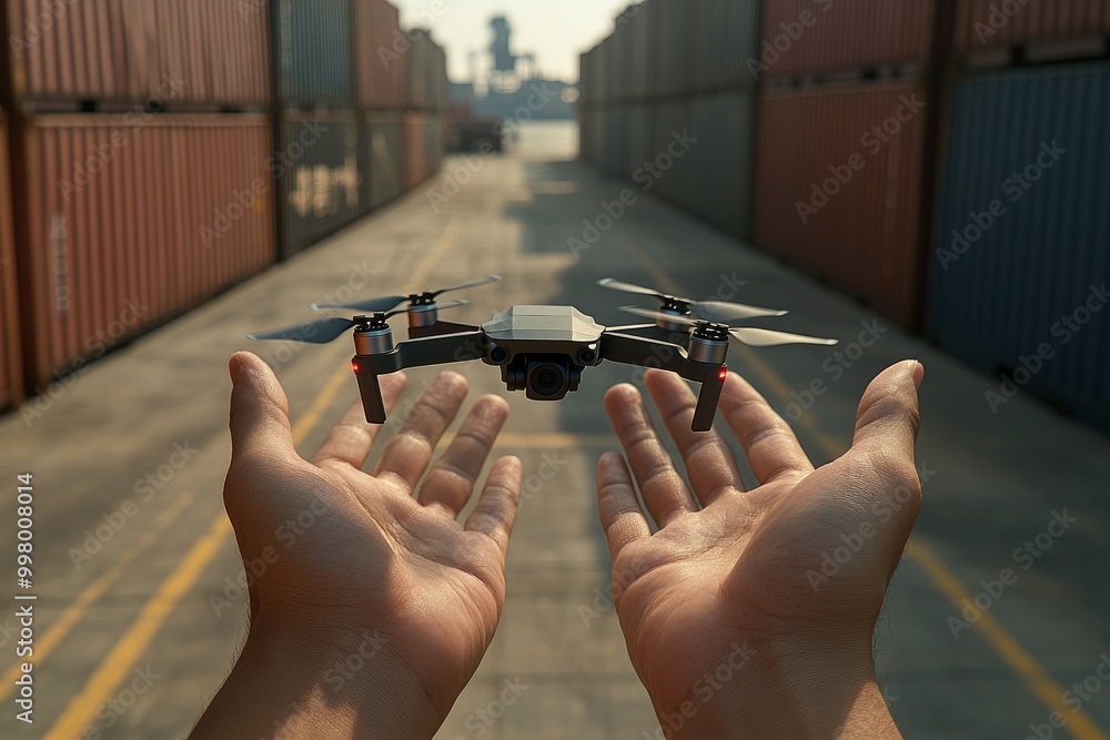 Hands releasing a drone into flight between two shipping containers ...