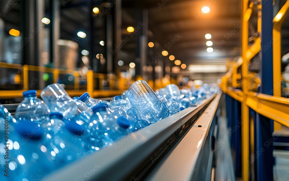 A plastic recycling plant with machines processing plastic waste into ...