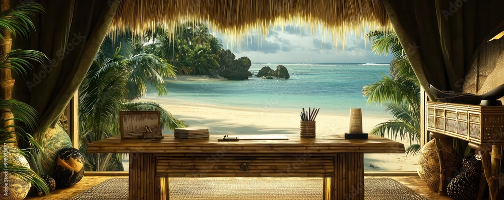 Home office with a tropical resort theme, featuring a bamboo desk ...
