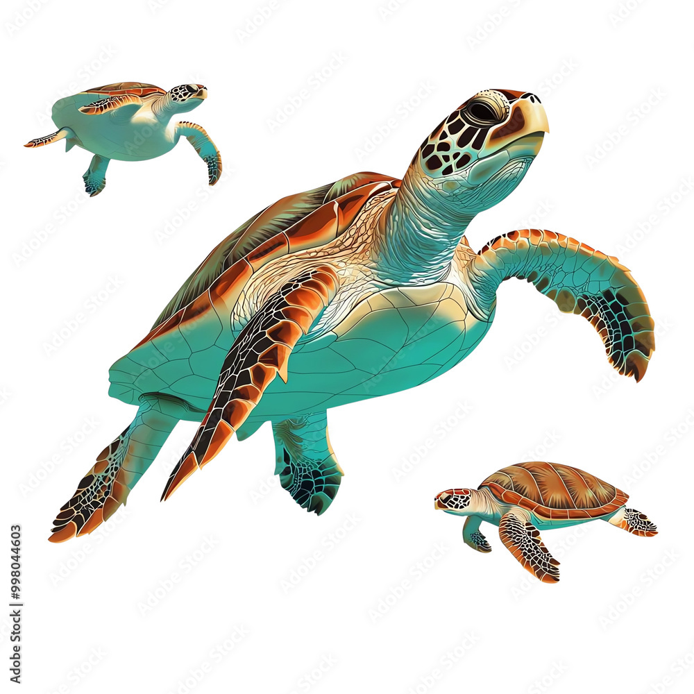 Three colorful sea turtles swimming gracefully in the ocean, showcasing ...