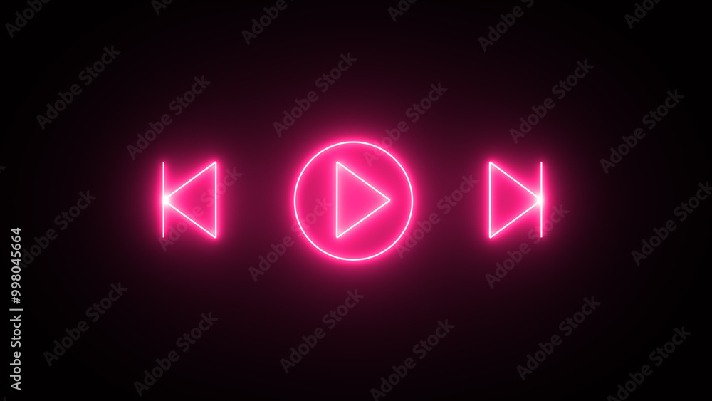 Neon glowing sign play button animation pink color on black background music play button icon ...