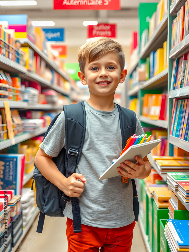 School boy holds markers, stationery store, books ready for school ...