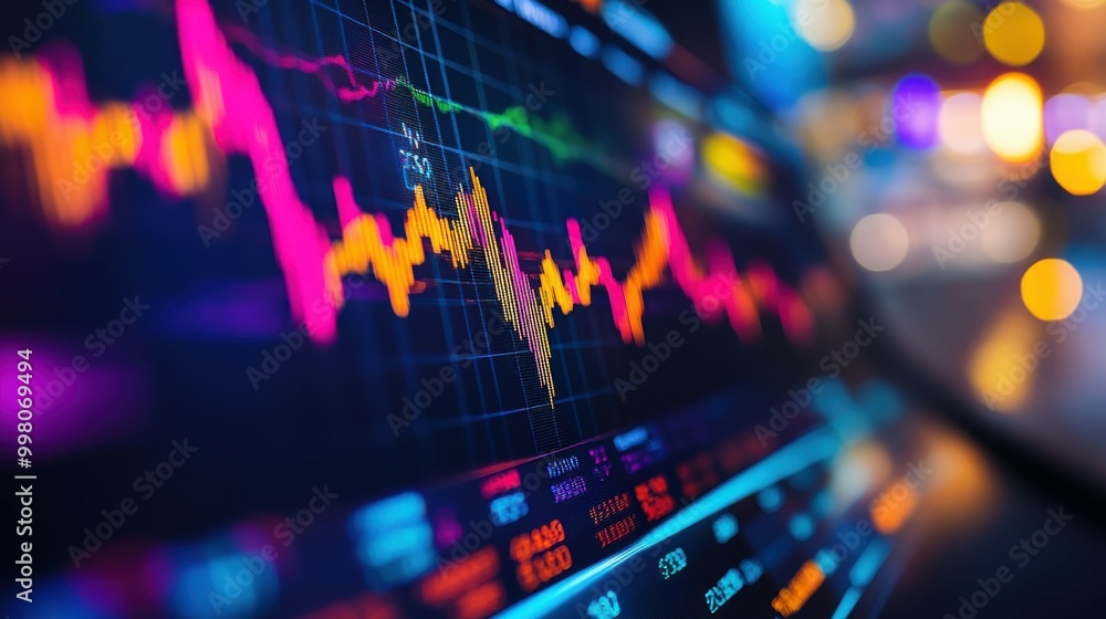 Vivid close-up of a monitor displaying real-time stock market data ...