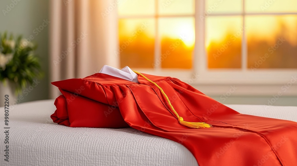 Academic Achievement symbolized by a graduation gown neatly folded on a ...