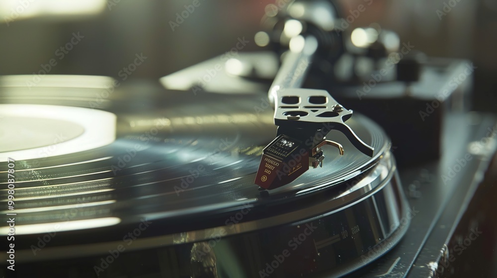 A close-up photo of a record groove, with the needle of a turntable ...