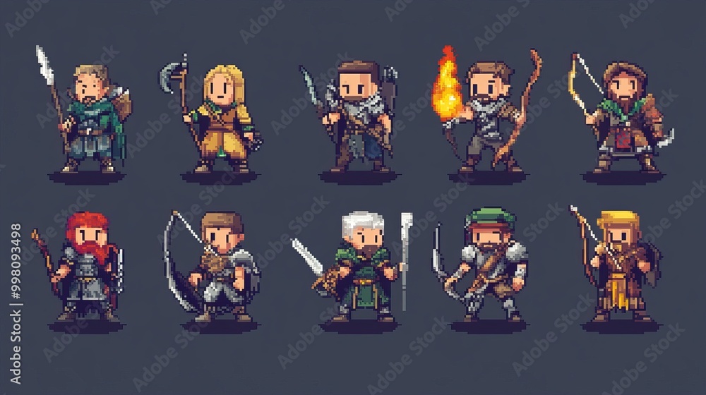 Various pixel art fantasy characters with different weapons and ...