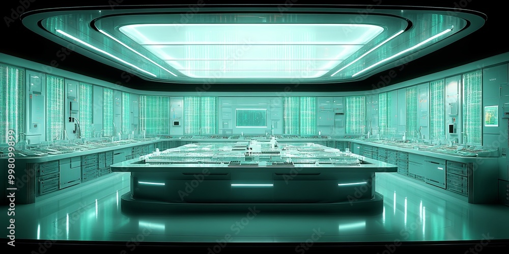 Futuristic laboratory interior with a large, glowing table and rows of ...