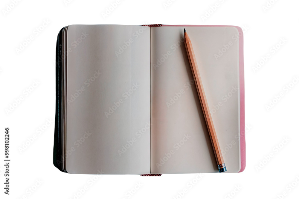 PNG, transparent background, isolated open notebook with blank page opened. copy space, mock up ...