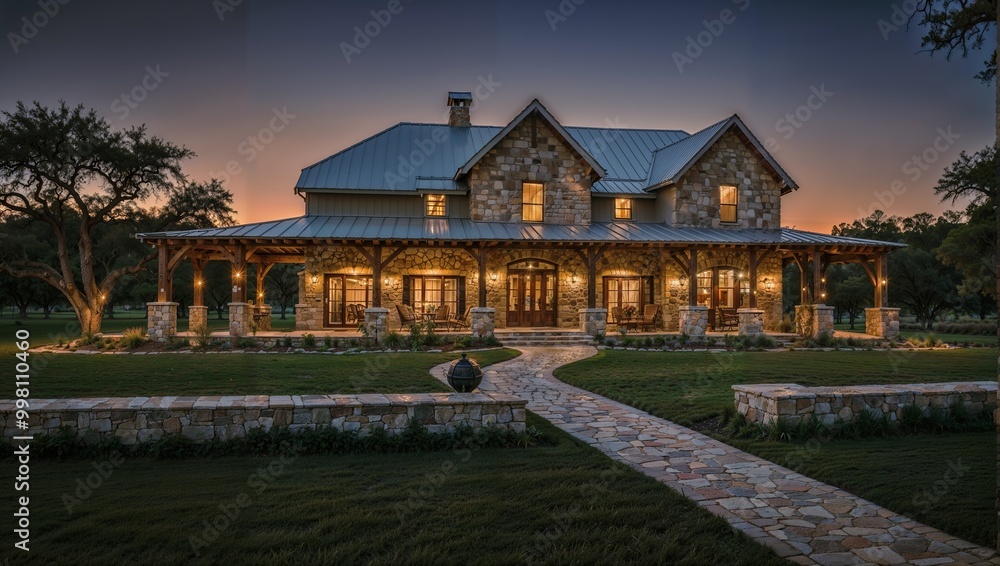 This grand Texas ranch house showcases a two-story stone exterior with ...
