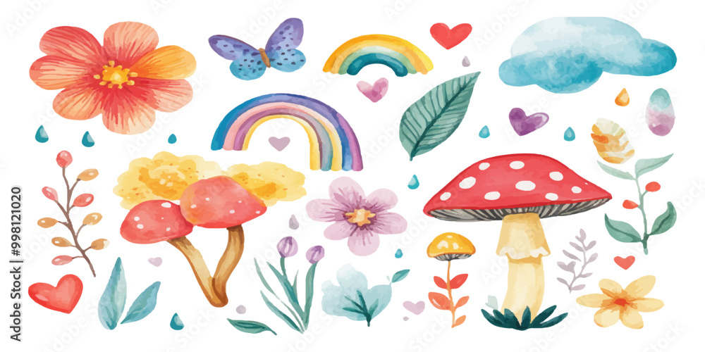 Watercolor cute cartoon rainbow, mushrooms, and flowers clip art set on ...